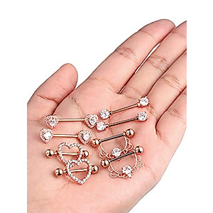 4 Pairs Stainless Steel Nipple Rings Tongue Ring Piercing Body Jewelry Barbell CZ Heart Shape Rings for Women (Rose Gold Bar and White Zirconia)