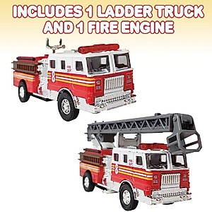 ArtCreativity 5.5 Inch Toy Fire Trucks - Set of 2 - Pull Back Firetruck Toy Cars for Boys and Girls - Includes Metal Ladder Truck and Fire Engine - Best Birthday Gift for Kids, Toddlers