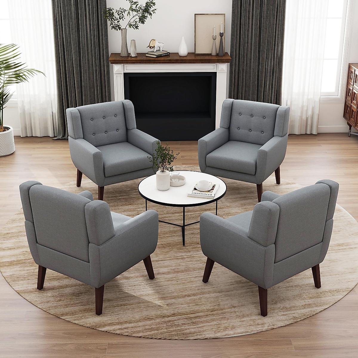 UIXE Comfy Arm Accent Chairs for Bedroom, Mid Century Modern Armchair Living Room Sofa Chair with Wooden Legs, Linen Fabric Button Tufted Upholstered Reading Chair for Home Office (Gray)