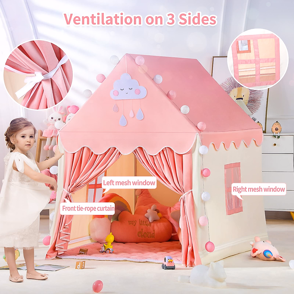 SISTICKER Kids Play Tents for Girls Large Fairy Playhouse for Kids Princess Castle Tent Gift Toys for Girl Toddler Children Play House (Pink) (Pink Tent)