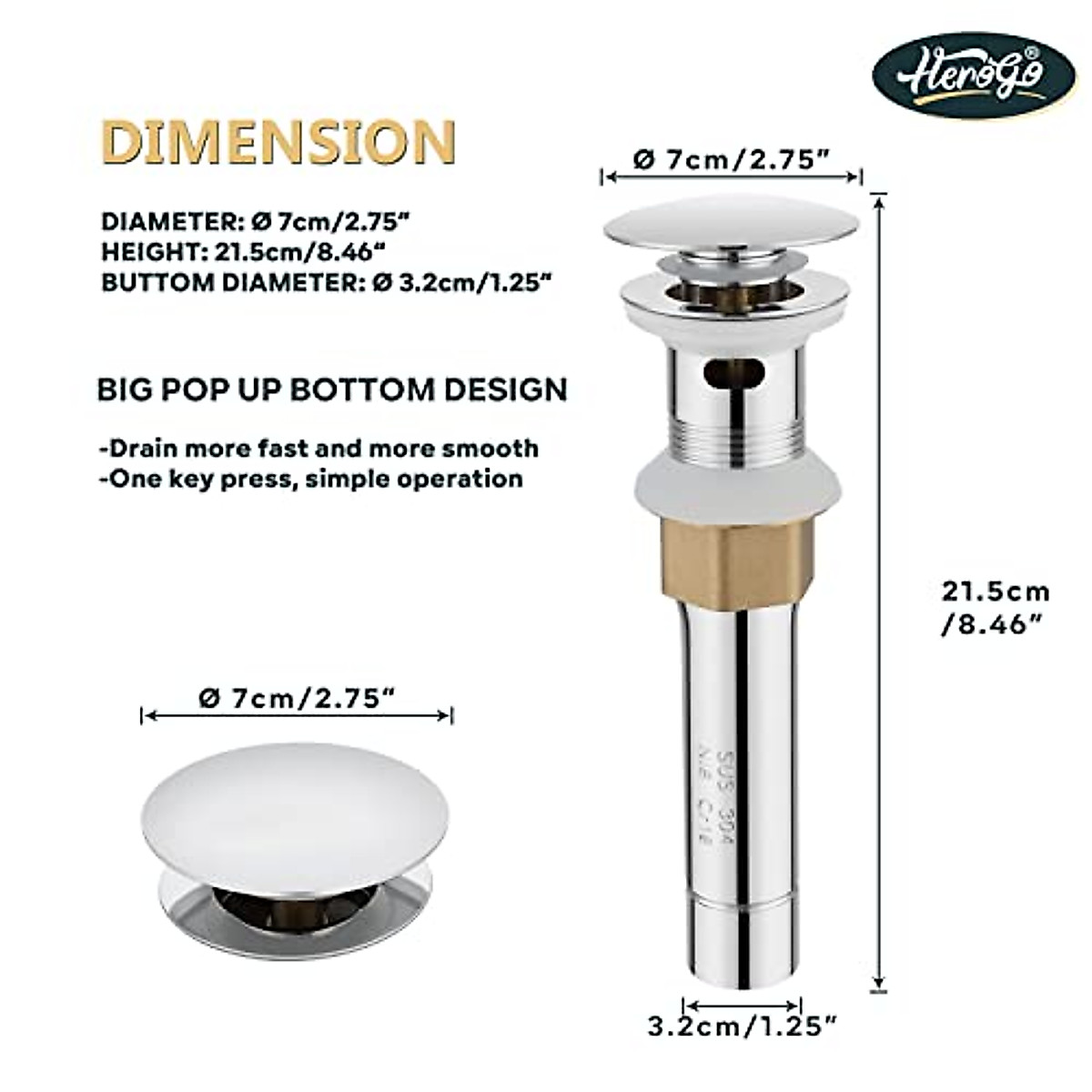 Herogo Bathroom Sink Drain with Overflow, Stainless Steel Chrome Pop Up Drain Stopper with Detachable Built-In Anti-Clogging Strainer for Lavatory Vessel Vanity Sink Drain, Fits Standard Drain Hole