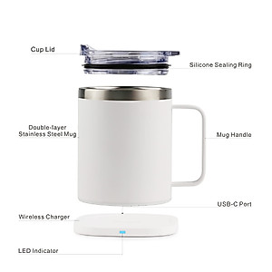 Self Heating Coffee Mug with Double-Layer 18/8 Stainless Steel,Coffee Mug Warmer Set,Fast Wireless Charger Includes,Heated Mug for Coffee (White 12oz)