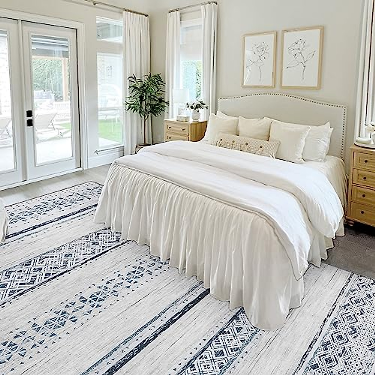 8x10 Area Rugs for Living Room Bedroom: Large Machine Washable Rug with Non-Slip Backing Non Shedding Stain Resistant, Soft Geometric Moroccan Carpet for Dining Room Nursery Home Office - Blue/Ivory