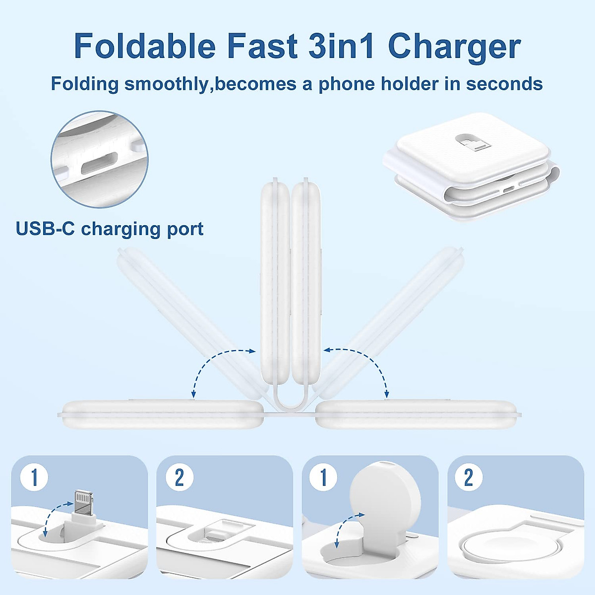 3 in 1 Charging Station for Apple Foldable, iWatch Travel Charger Stand for Multiple Devices, Folding Portable Fast Charge Dock for iPhone 14 Pro Max/13/12/11, Apple Watch 8/7/6/Ultra/SE/5, AirPods