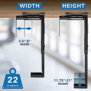 CPU Under Desk Mount Bracket - Computer Tower Wall and Under Counter Holder, 360 Degree Swivel Adjustable Height and Width Wall-Mountable
