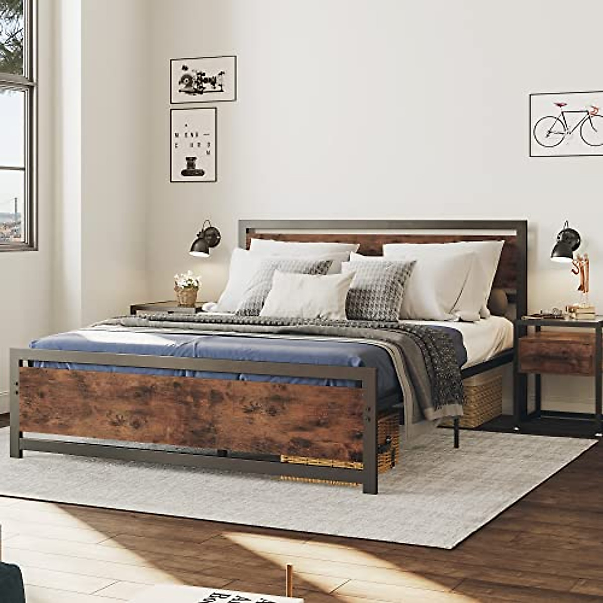 LIKIMIO Industrial Queen Bed Frame with Headboard and Footboard, Strong 4 U-Shaped Support & 2 Independent Support Rods & 9 Legs, Noise-Free, No Box Spring Needed