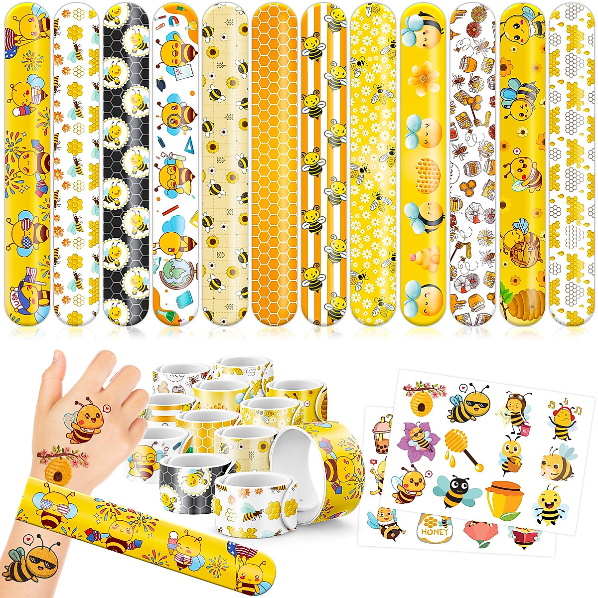 48PCS Bee Party Favors 24PCS Tattoos 24PCS Slap Bracelets Wristbands Themed Birthdays Party Supplies Decorations Decor Honey Bee Day Pattern Girl Gifts School Classroom Prize Baby Shower