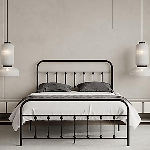 Classic Metal Bed Frame with Headboard & Footboard Set Vintage Bed Frame - with Storage–Sturdy Support Mattress Foundation, No Box Spring Required, Industrial Farmhouse, Under Bed Storage Black, Queen