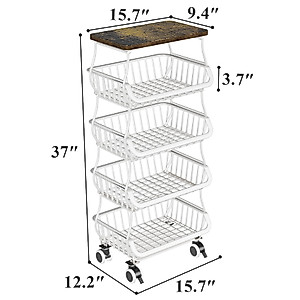 Fruit Basket for Kitchen with Wood Top 5 Tier, SAYZH Stackable Fruit and Vegetable Storage Cart, Wire Storage Basket with Wheels, Vegetable Basket Bins Rack for Onions and Potatoes, White