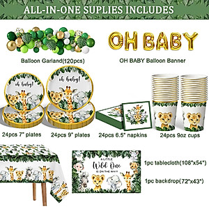 Yuzioey 224PCS Safari Baby Shower Decorations, Jungle Animals Oh Baby Party Supplies, Safari Disposable Dinnerware (Serve 24 Guests)with Paper Plates Cups, Backdrop Tablecloth Balloon Garland Kit