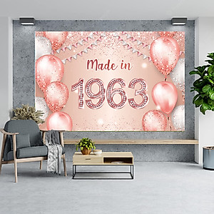 Made in 1963 Rose Gold Happy 60th Birthday Banner Cheers to 60 Years Old Backdrop Balloon Confetti Theme Decor Decorations for Women Pink Birthday Party Supplies Bday Background Glitter