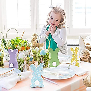 Easter Wood Bunnies, Easter Tiered Tray Peeps Decor 4 PCS, Spring Rabbit Wooden Decorations, Pastel Purple Green Bunny Decors with Cotton Tails, Rustic Easter Farmhouse Bowl Fillers Riser