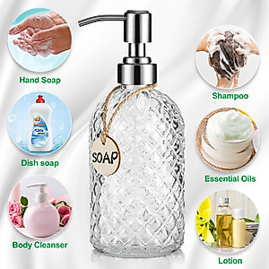 MOCLIF 16 OZ Clear Soap Dispenser with 304 Rustproof Stainless Steel Pump Bathroom Kitchen,Soap Dispenser,Refillable Liquid Glass Soap Dispenser for Hand Soap, Dish Soap, Lotion(Clear)