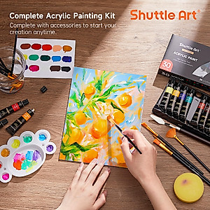 Shuttle Art 46 Pack Acrylic Paint Set, 30 Colors Acrylic Paint with 10 Brushes 3 Canvas 1 Knife Palette Sponge, Complete Gift for Kids, Adults, Beginners, Painting Wood, Ceramic