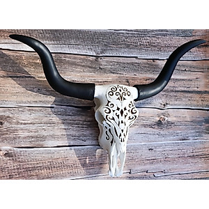 Ebros 27.5" Wide Southwest Rustic Off White Steer Bison Buffalo Bull Cow Horned Skull Head With Scroll Lace Filigree Design Hanging Wall Mount Decor Native Animal Totem Bust Skulls Western Accent