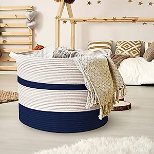Mtesbonnie Large Cotton Rope Basket 21.7" x 21.7" x 13.8" Blanket Holder Basket Nursery Baby Laundry Basket Woven Soft Toy Storage Basket with Handle for Comforter Cushions Thread Home Decor Basket