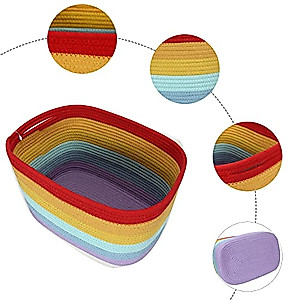 AUSSIY 1 Pack Rope Baskets for Storage Basket, Cotton Rope Woven Basket with Handles. Blanket Basket for Storing Clothes, Toys, Books, Shelves etc, 15''L x 10''W x 9.5''H, Rainbow Baskets