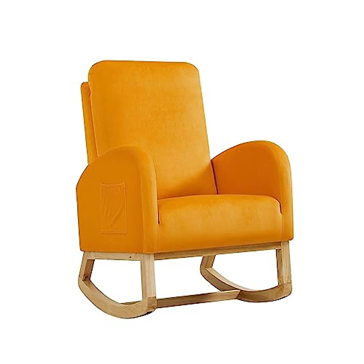 BeiXuan Modern Wood Indoor/Outdoor Rocking Chairs, Single Sofa Accent Nursery Rocking Chair with High Back Side Bag,Upholstered Glider Rocker for Living Room/Bedroom/GardenPatio,Orange Flannel Cloth