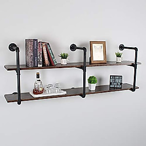 OISSIO Industrial Pipe Wall Shelf,2-Tiers Wall Mount Bookshelf,63in Rustic Wall Mount Shelf,DIY Storage Shelving Floating Shelves,Rustic Pipe Shelving Unit,Wall Book Shelf for Home Organizer