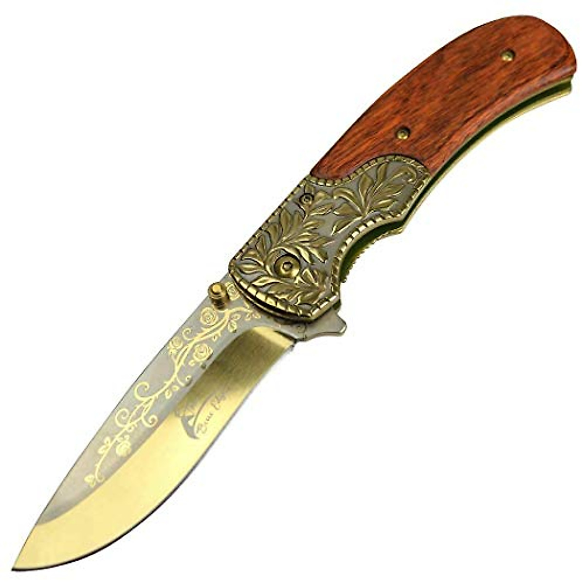 8.25" Gold Floral Rose Etch Spring Assisted Folding Tactical Pocket Stainless Steel Blade Knife