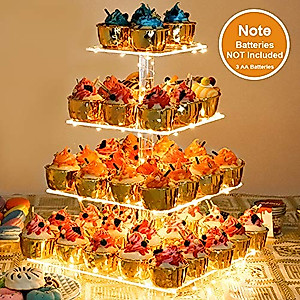 YestBuy 4 Tier Cupcake Stand Acrylic Tower Display with LED Light Premium Holder Dessert Tree Tower for Birthday Cady Bar Décor Weddings, Parties Events (Yellow Light)