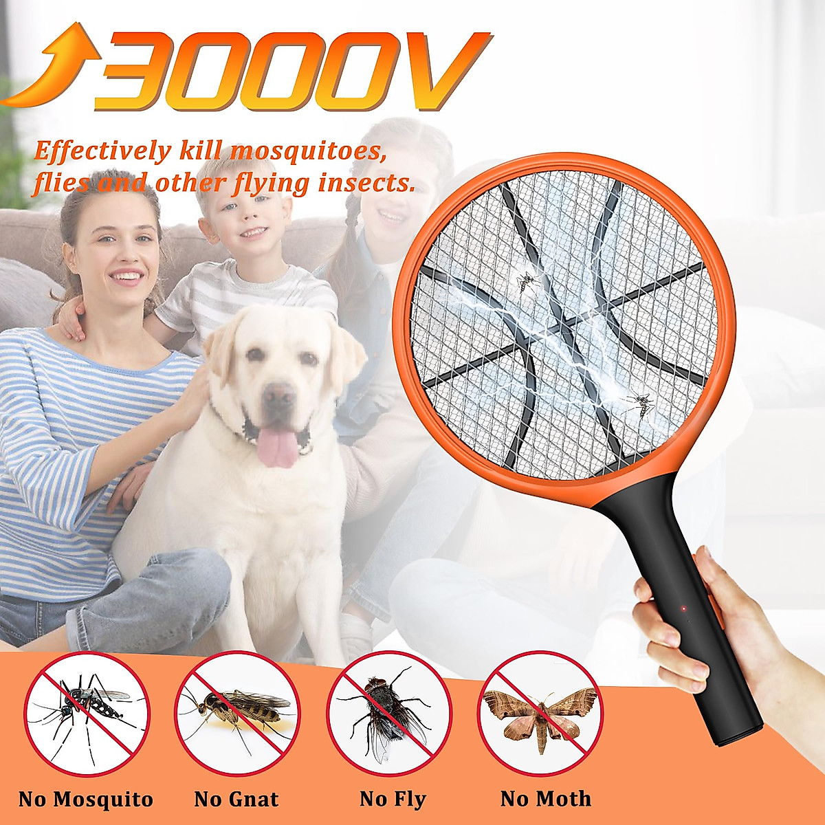 LUOJIBIE Electric Fly Swatter, Bug Zapper Racket Rechargeable Mosquito Zapper Handheld Fly Zapper with Hanging Ring for Home Indoor Outdoor, Large Size-2 Pack