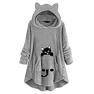 Women's Teddy Fleece Long Sleeve Fuzzy Hoodie Hooded Sweatshirt Drawstring Pullover Fuzzy Velvet Sweater Outwear