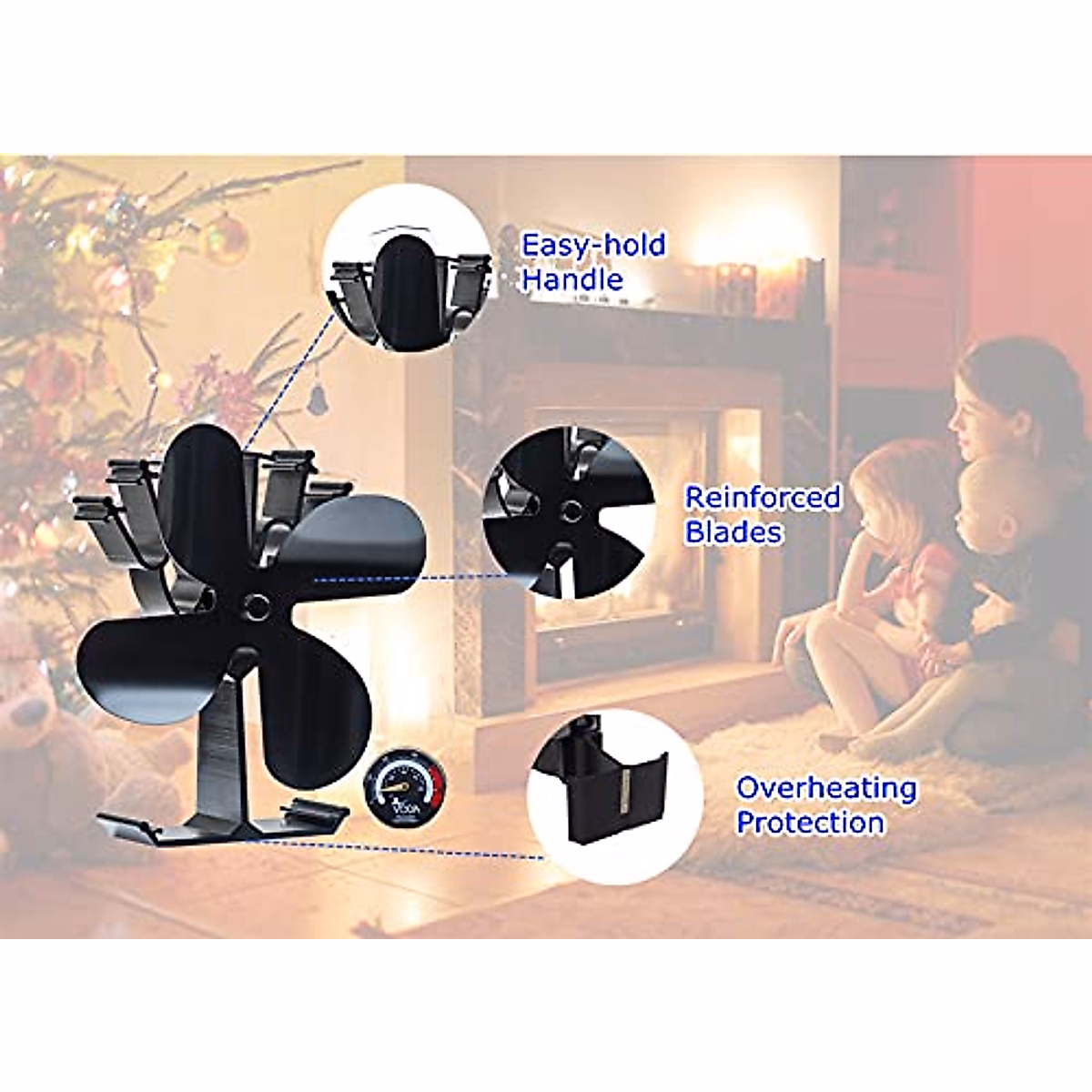 HEUNGBERANT Wood Burning Stove Fan Heat Powered Fireplace Fan for WoodLog BurnerFireplace, Black… (I shape with thermometer)