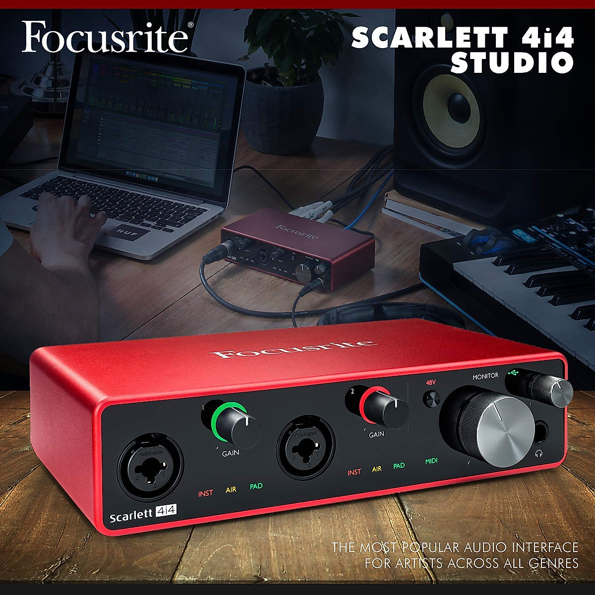 Focusrite Scarlett 4i4 4-in 4-out USB Audio Interface (3rd Generation) + Xpix SR360 Over-Ear Dynamic Headphones, Cables and Accessories