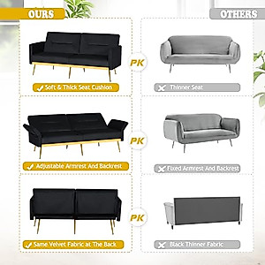 Lesofair Velvet Sofa Bed with Adjustable Backrest, Tufted Futon with Adjustable Armrests, Convertible Sleeper Couch w/Golden Legs for Living Room, Bedroom, Waiting Room, Black