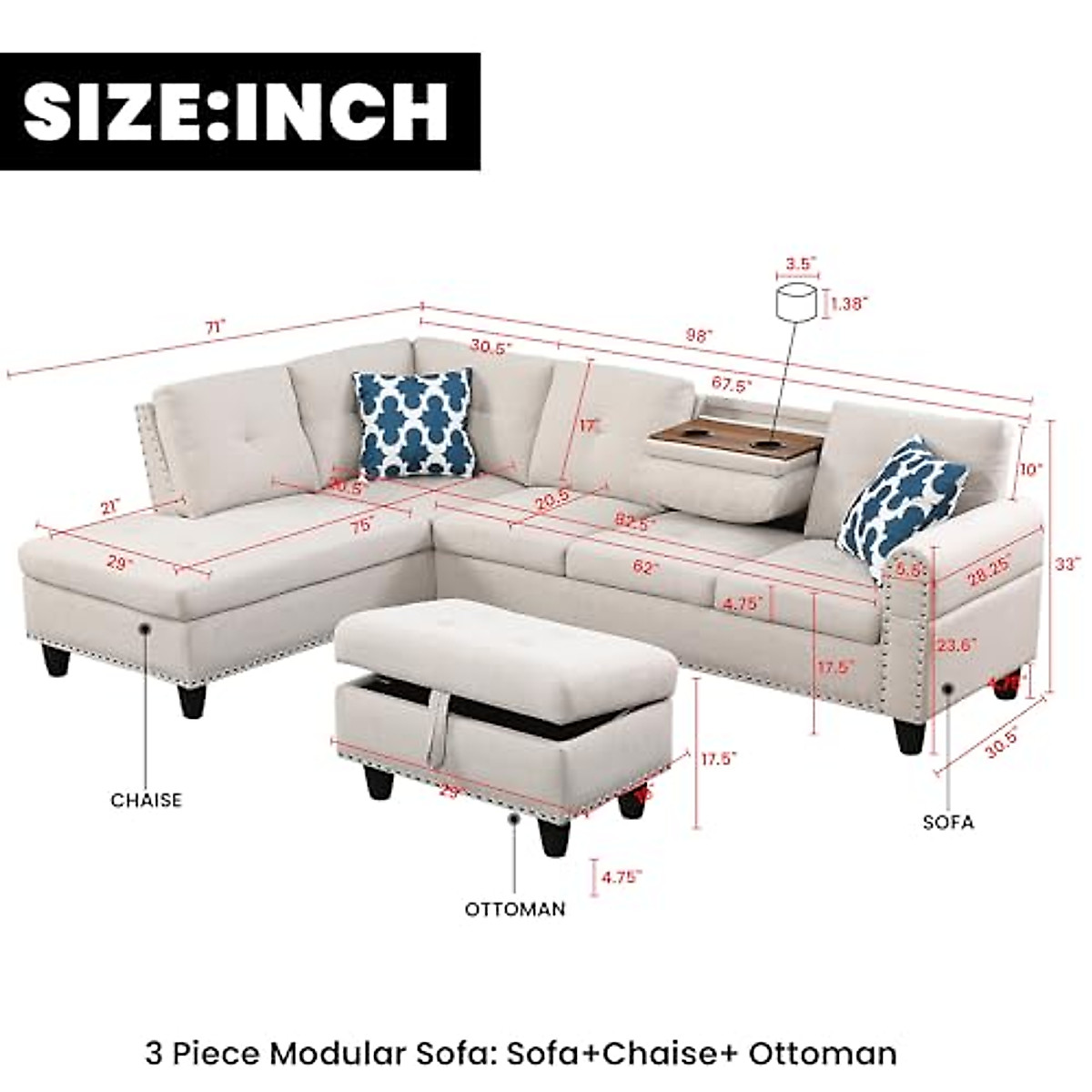98" W Linen Sectional Sofa Upholstered Modular Couch with Cup Holder, 29" W Ottoman, 3 Combo Piece Living Room Furniture Set for 2 Toss Pillows and Rounded Arm, L-Shaped Button Nailhead Trim, Beige