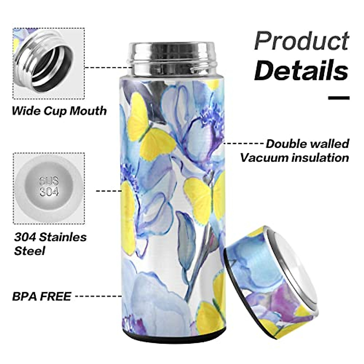 CaTaKu Yellow Butterfly Flower Water Bottle Insulated 16 oz Stainless Steel Flask Thermos Bottle for Coffee Water Drink Reusable Wide Mouth Vacuum Travel Mug Cup