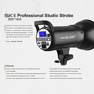 Godox SK400II Strobe Flash Light 400Ws with Standard Reflector, GN65 5600K 2.4G Bowens Mount with 150W Modeling Lamp, for Photography Studio, Portrait Shooting