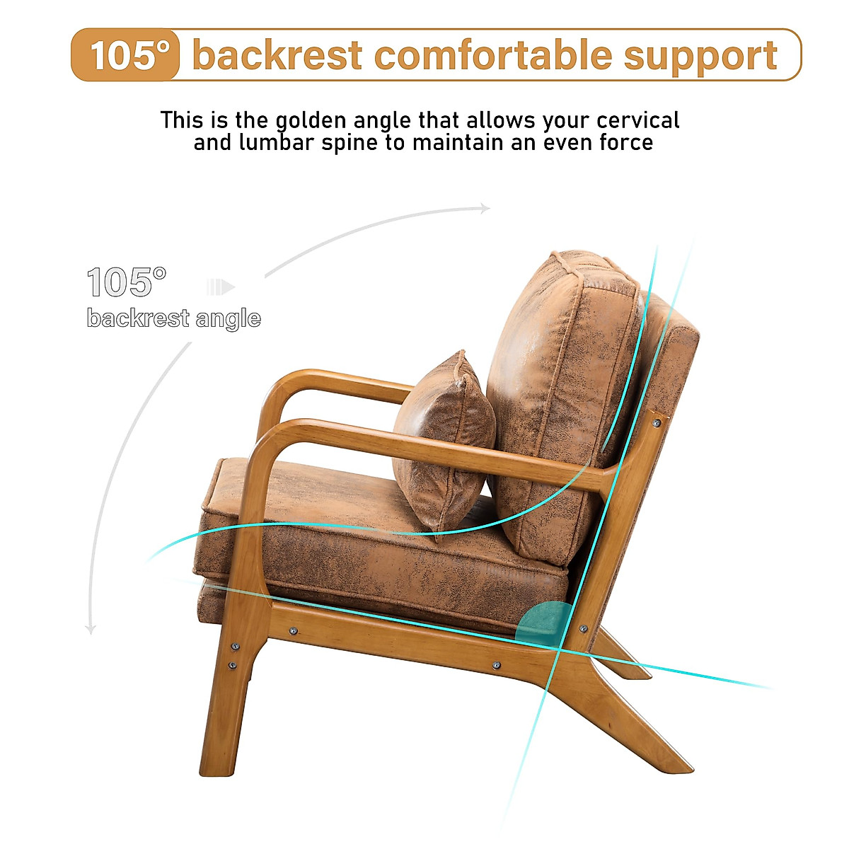 Hosnnile Accent Chair with Cushion, Mid-Century Modern Upholstered Single Reading Armchair with Hot-Stamping Cloth + Solid Wood Frame for Living Room, Bedroom, Lounge, Balcony (Brown)