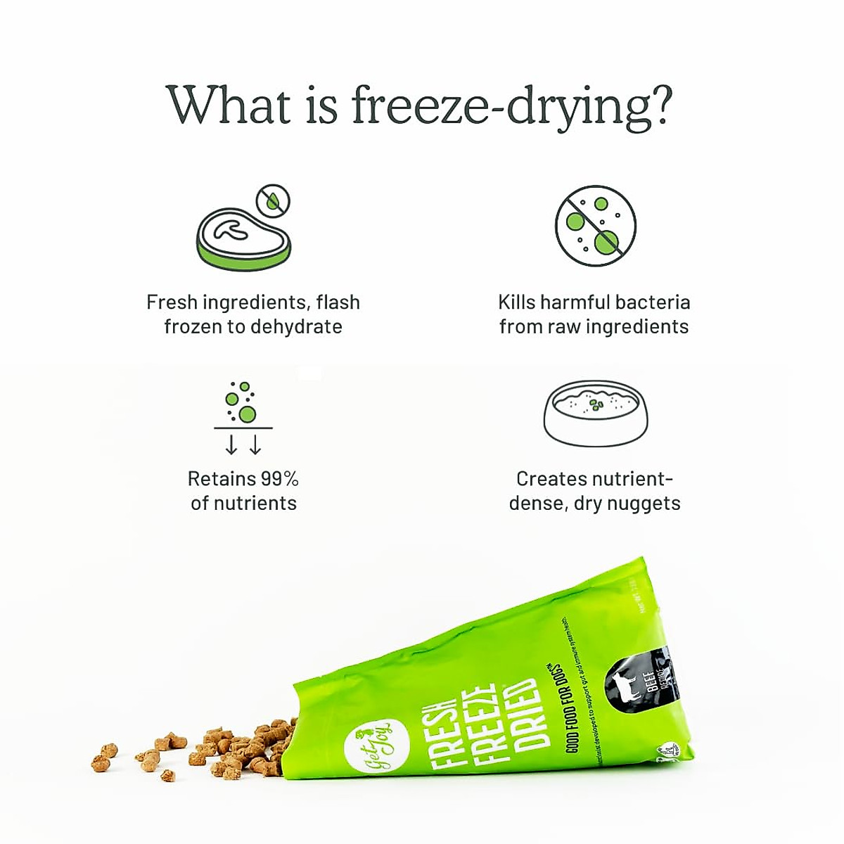 Get Joy Gut Health Fresh Freeze Dried Raw Meal, Beef Recipe, 16 Ounce Bag, Dog Food for Dogs of All Breeds and Life Stages, PhD Animal Nutritionist Formulated, USDA Beef, Made in USA