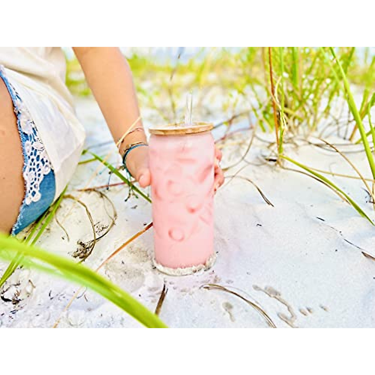 Sunshine Co. 20oz Glass Tumbler with Lid and Straw- Glass Cup with Bamboo Lid and Glass Straw- Reusable Iced Coffee Cup, Smoothie Cup - Matcha Tea Tik Tok Cocktail Glass