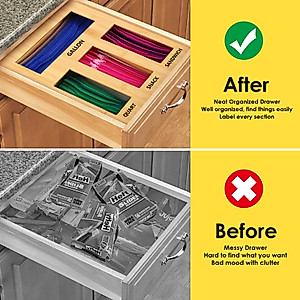 Bag Storage Organizer with Stickers for Kitchen Drawer, Bamboo Made Food Storage Wrapped Baggie Organizer Holders Dispenser, Compatible with Gallon Quart (Slider Quart) Sandwich and Snack Size Bags