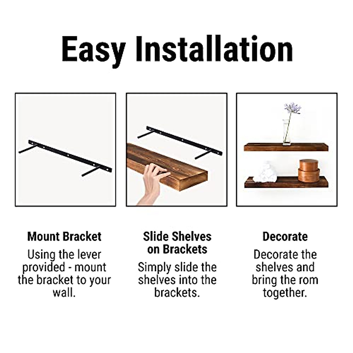 Thielsen - Rustic Floating Shelves, Bathroom Shelves, Home Decor Rustic Wood Shelves with Metal Bracket and Mounting Level, Wall Mounted Wood Shelves, Set of 2