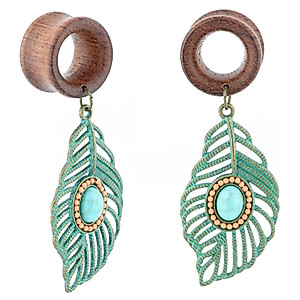 Balala 9/16 inch 14mm Antique Patina Brass Leaf Dangle Wood Ear Gauges Flesh Tunnels Piercing Plugs, Oval Turquoise Center