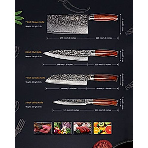 YARENH Kitchen Knife Set with Cleaver 4 Pcs, 73 Layers Damascus High Carbon Stainless Steel, Full Tang Natural Sandalwood Handle, Professional Chef Knife