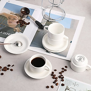 Sweejar 6-Piece Espresso Spoons 18/8 Stainless Steel Porcelain Espresso Cups with Saucers, 2.5 Ounce Stackable Cappuccino Cups