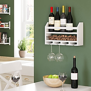 Wallniture Blanc Wine Rack Wall Mounted, Wall Wine Bottle Holder with Wine Glass Rack, Wall Mount Wine Holder with Wine Cork Holder, Rustic Wall Wine Rack for Wine Bottles, Burnt White, Wood