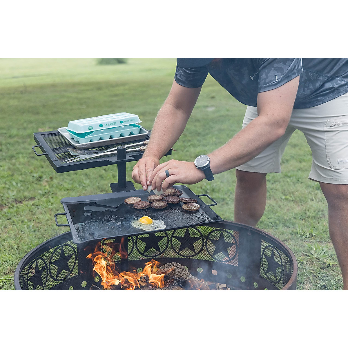GameMaker - Open Fire Cooking Gravity Combo Grill & Skillet, Ultimate Camping Cooking Tool Black, Grill dimensions: 18.5” x 16.375”
