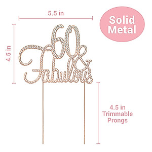 60 Cake Topper - Premium Rose Gold Metal - 60 and Fabulous - 60th Birthday Party Sparkly Rhinestone Decoration Makes a Great Centerpiece - Now Protected in a Box