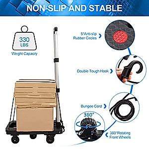 Folding Hand Truck, 330 Lbs Foldable Hand Truck Dolly Cart Heavy Duty Collapsible Trolley Portable Platform Luggage Cart with 5 Wheels & 2 Elastic Ropes for Moving, Shopping, Travel, Home, Office Use