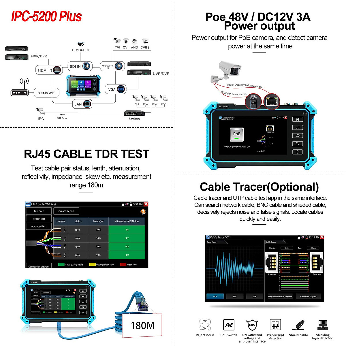 Rsrteng IP Camera Tester, IPC-5200 Plus 8MP AHD CVI TVI SDI CVBS IP Camera Test 4K HD Display Video Monitor 5inch IPS Touch Screen IPC Tester Support POE PTZ RS485 HDMI & VGA Input DC12V Output
