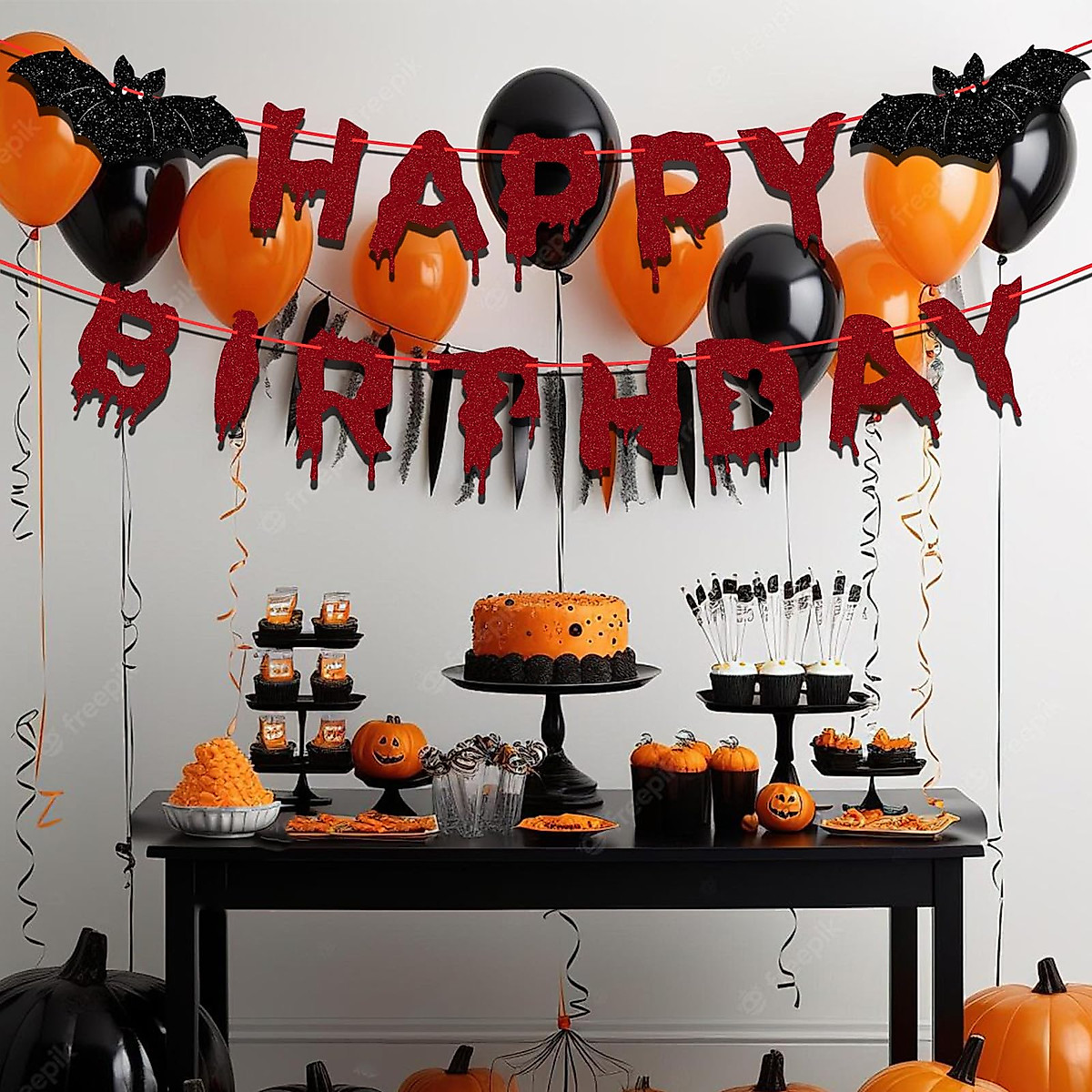Red Glittery Happy Birthday Halloween Banner, Simple Suspension Halloween Birthday Party Supplies Horror Themed Birthday Decorations, Bat Vampire Halloween Party Scary Horror Party Decorations