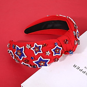 ZOLEAROPY American 4th of July Headband for Women USA Star Rhinestone Jeweled Knotted Headband Fourth of July Patriotic Red White Blue Beaded Star Top Knot Wide Hairband Hair Accessories Gift
