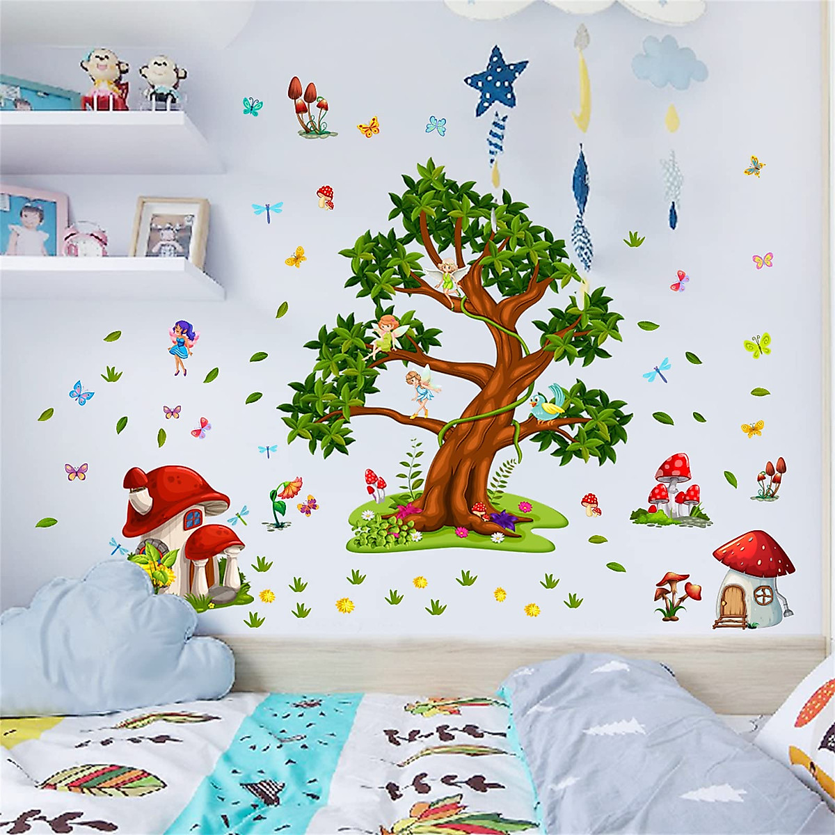 Green Tree Wall Decals Jungle Animals Big Tree Fairy Wall Stickers 3D Realistic Cartoon Mushroom Room Sticker Peel and Stick Art Can Unleash Your Child's Imagination Suitable for Children's Room