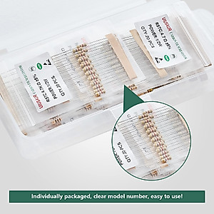 Uiusaur 500pcs 25 Value Carbon Film Resistors Assortment Kit 1 Ohm-1M Ohm with 5% 1/2W for Industrial Electrical and Arduino， TV, LCD Monitor, Radio, Stereo, Game, Refrigerator, Water Heater, etc.